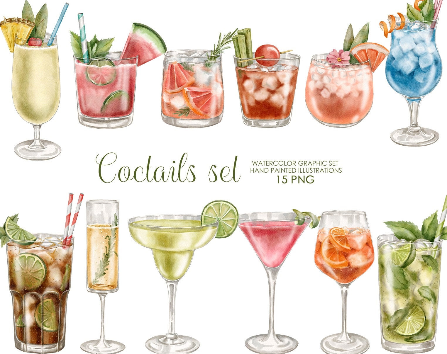Watercolor Cocktails Clipart. Summer Drinks Clipart. Coctail - Etsy UK