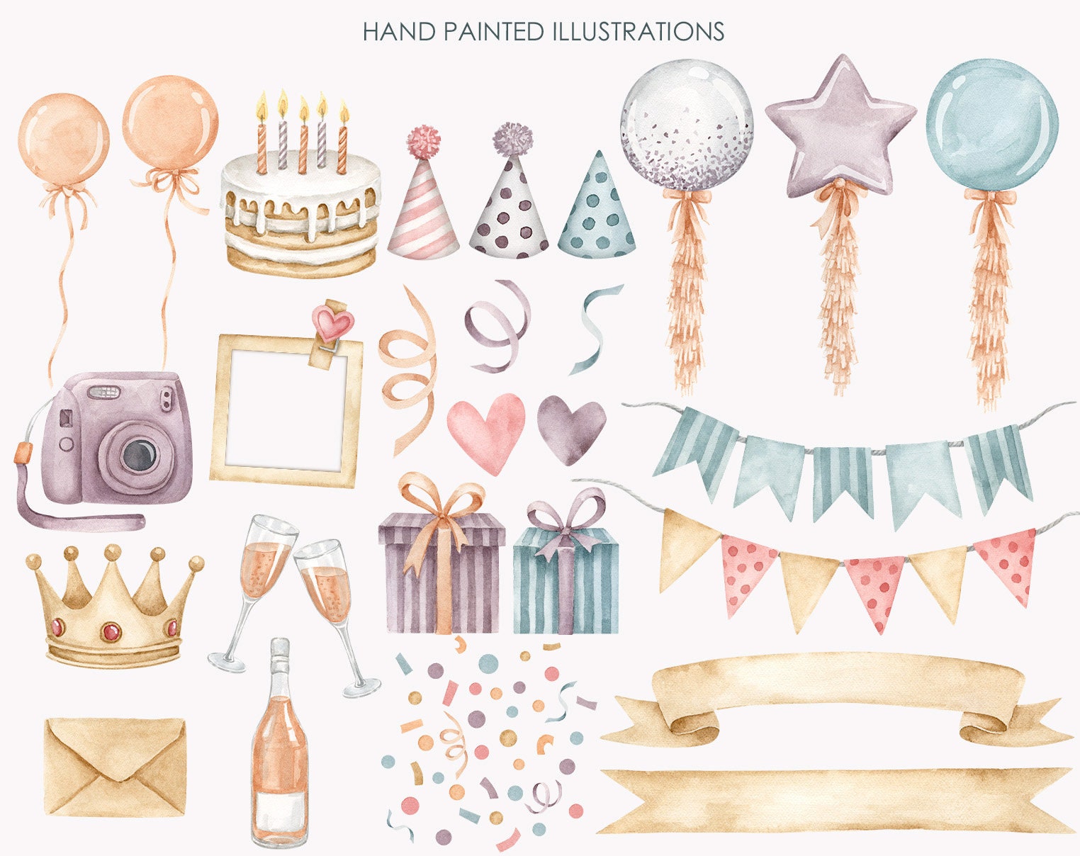 Watercolor Birthday Party Clipart. Balloons and Bunting - Etsy