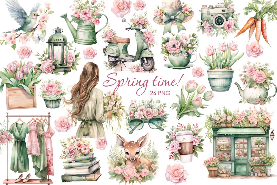 Watercolor Spring Clipart. Cottagecore Clipart. Romantic Spring ...