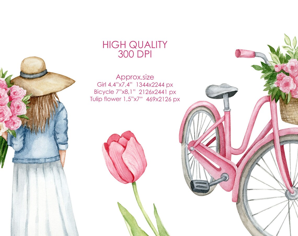 Watercolor Spring Clipart. Garden Clipart. Bicycle With - Etsy