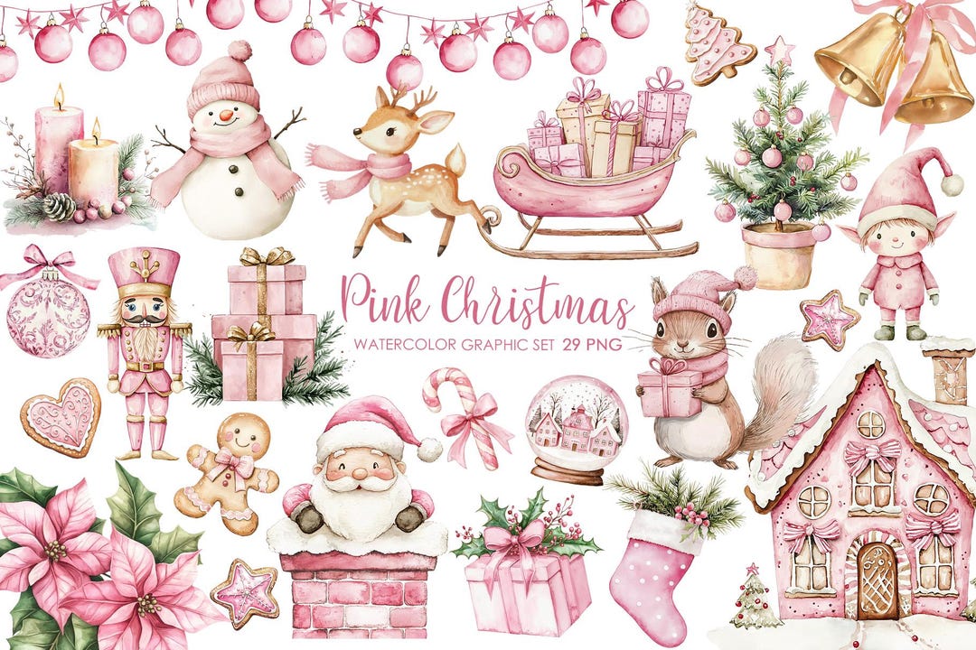 Pink Christmas Watercolor Clipart. Cozy Christmas Clipart Bundle. Cute ...