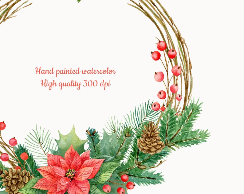Watercolor Christmas Floral Wreath and Frame Clipart. Winter Holiday ...