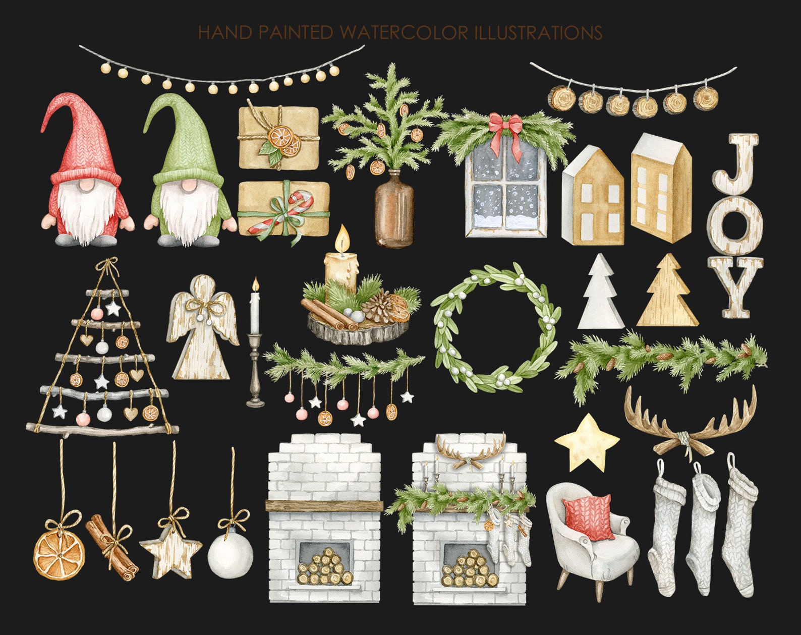 Watercolor Rustic Christmas Clipart. New Year Clipart. - Etsy