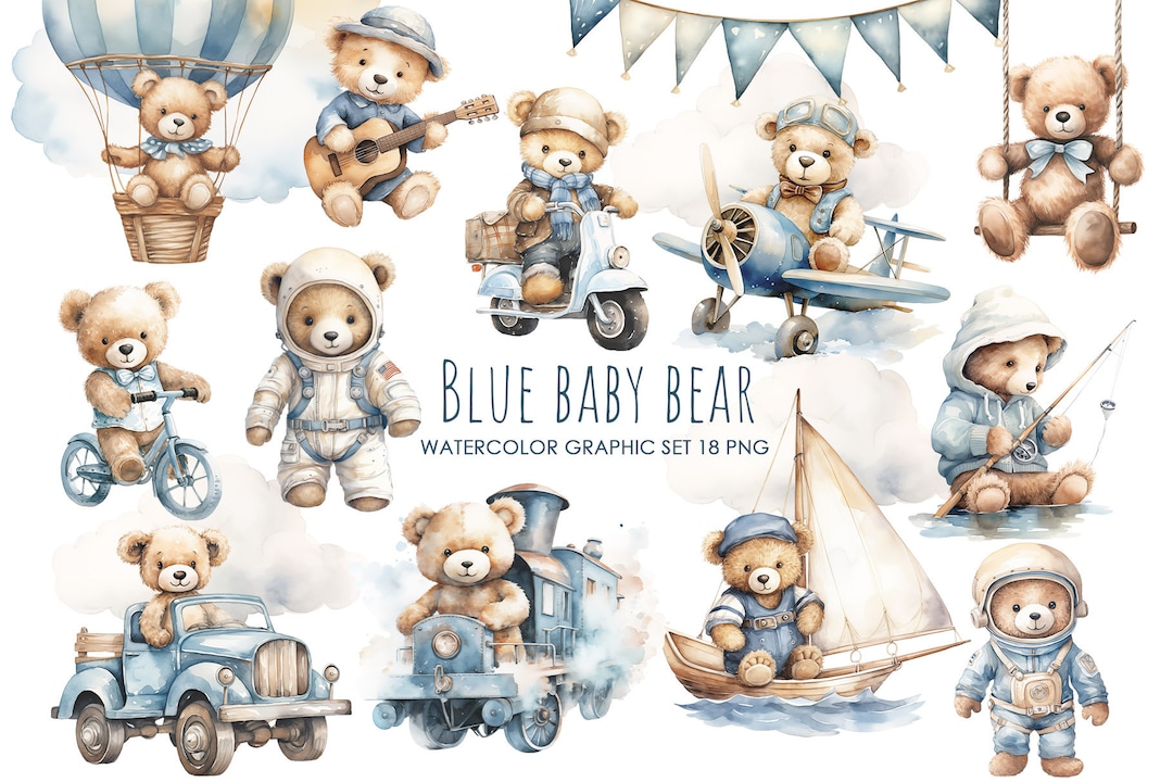 Watercolor Baby Bear Clipart. Baby Bear on Airplane. Boho Nursery ...
