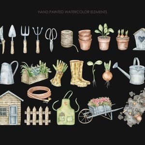 Watercolor Gardening Clipart. Garden Tools and Plants Clipart. Spring ...