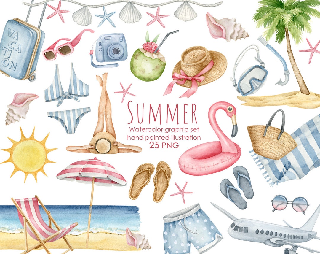Watercolor Summer Beach Clipart. Summer Vacation PNG. Travel Clipart ...