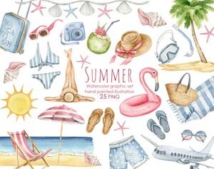 Summer Clipart Bundle, Watercolor Cliparts, Summer Cliparts, Vacation ...