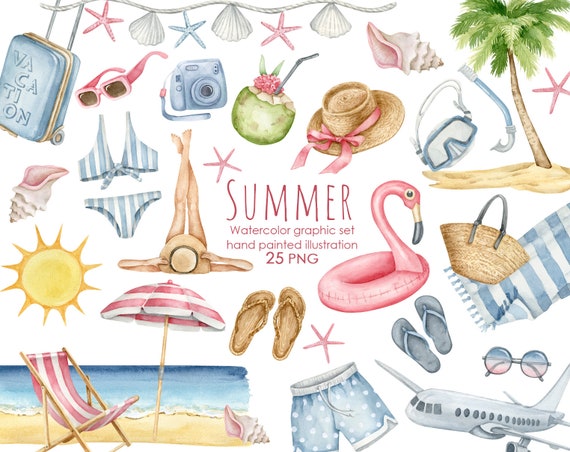 Watercolor Summer Beach Clipart. Summer Vacation PNG. Travel - Etsy UK