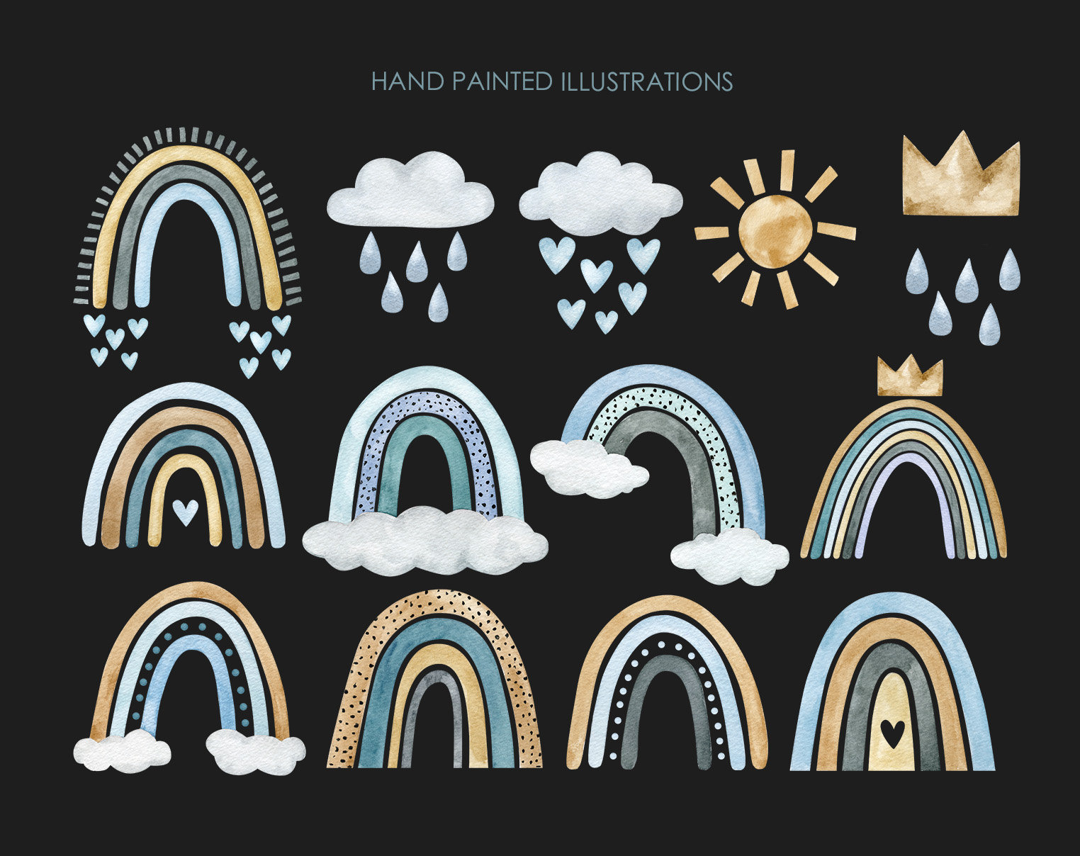 Watercolor Boho Rainbow Clipart. Muted Blue Rainbow Hand Drawn - Etsy