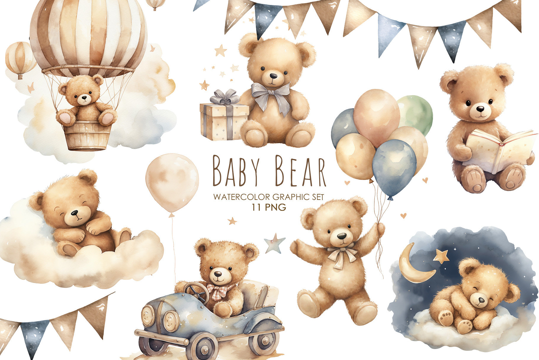 Watercolor Baby Bear Clipart. Sleeping Bears PNG. Boho Nursery Clipart ...