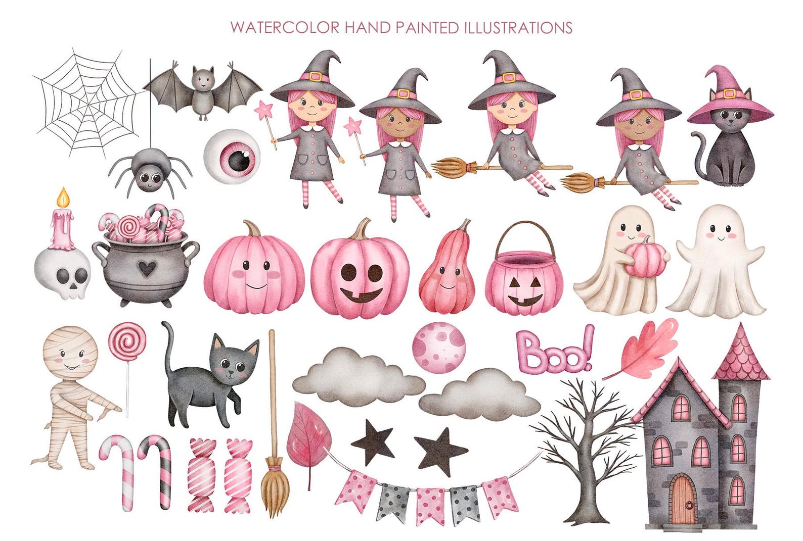Pink Halloween Clipart. Cute Halloween. Cute Witch Clipart. Ghost ...