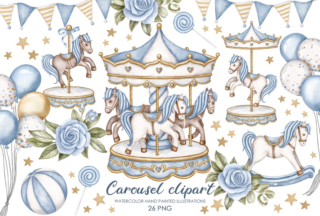 Carousel Watercolor Clipart. Blue Carousel Horse. Nursery Clipart. - Etsy