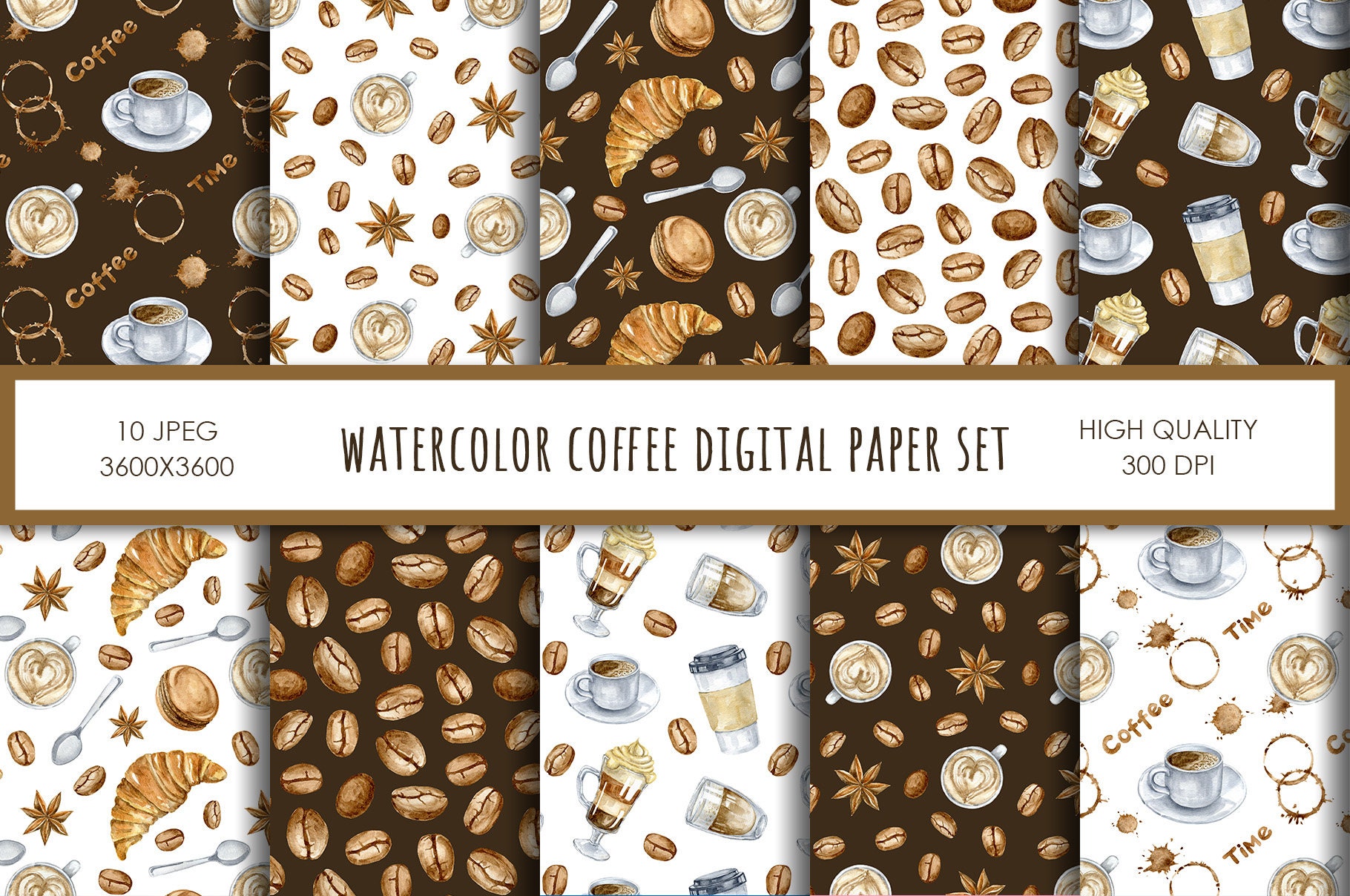 Watercolor Coffee Digital Paper Set-coffee Seamless Pattern - Etsy