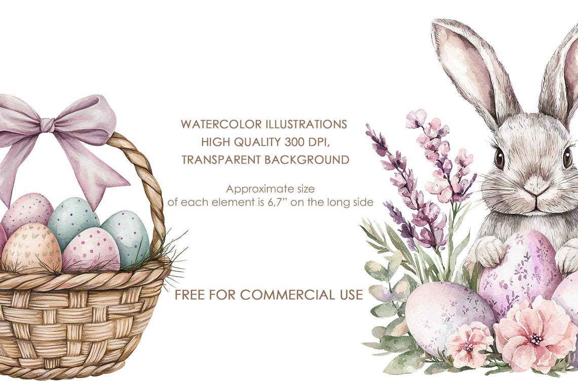 Watercolor Easter Bunny Clipart. Country Easter Clipart. Easter Basket ...