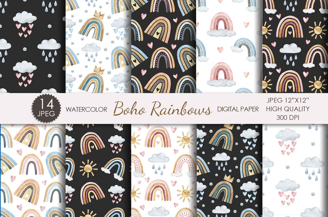 Boho Rainbows Digital Paper. Watercolor Rainbow Seamless Pattern ...