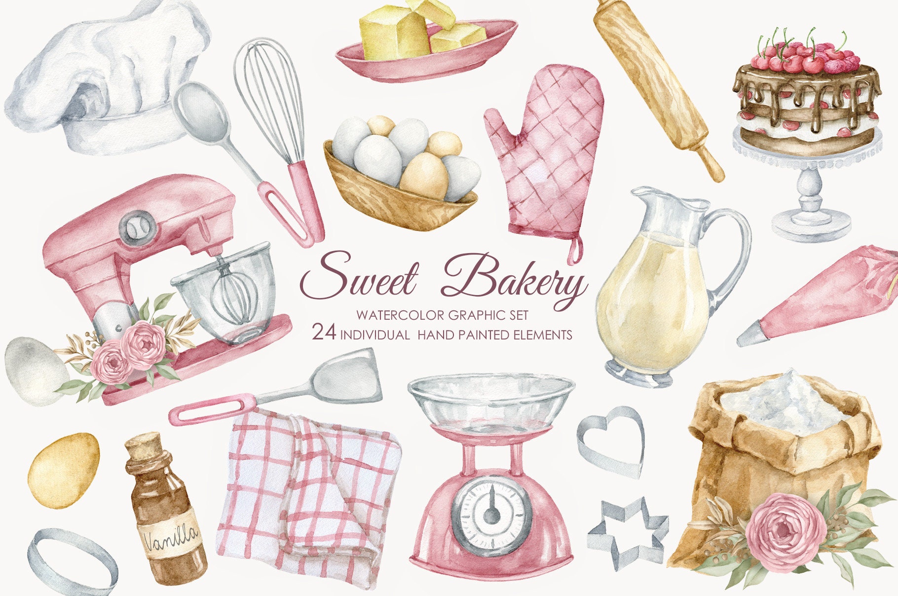 Watercolor Bakery Clipart. Watercolor Hand Drawn Baking - Etsy