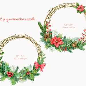 Watercolor Christmas Floral Wreath and Frame Clipart. Winter Holiday ...