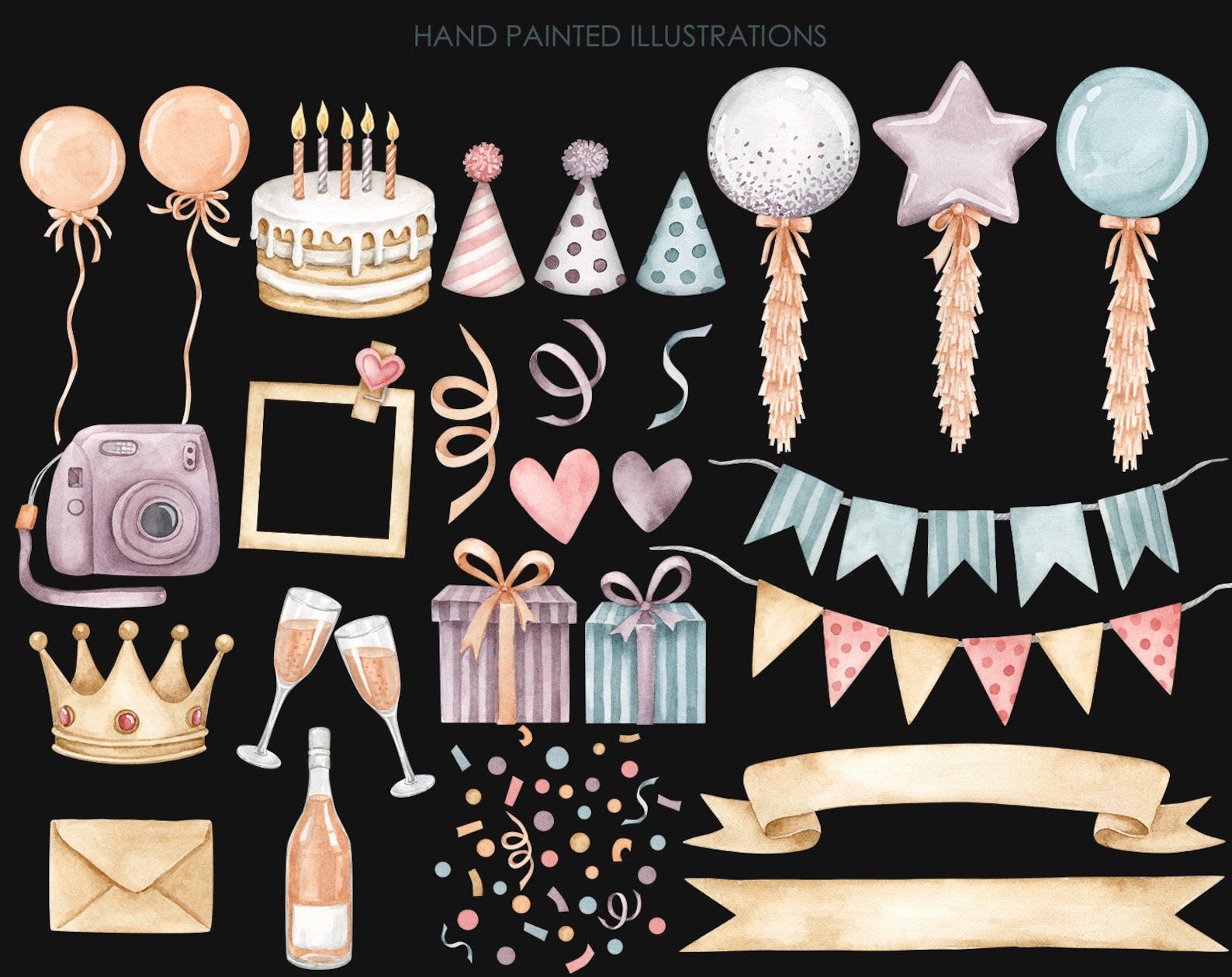 Watercolor Birthday Party Clipart. Balloons and Bunting - Etsy