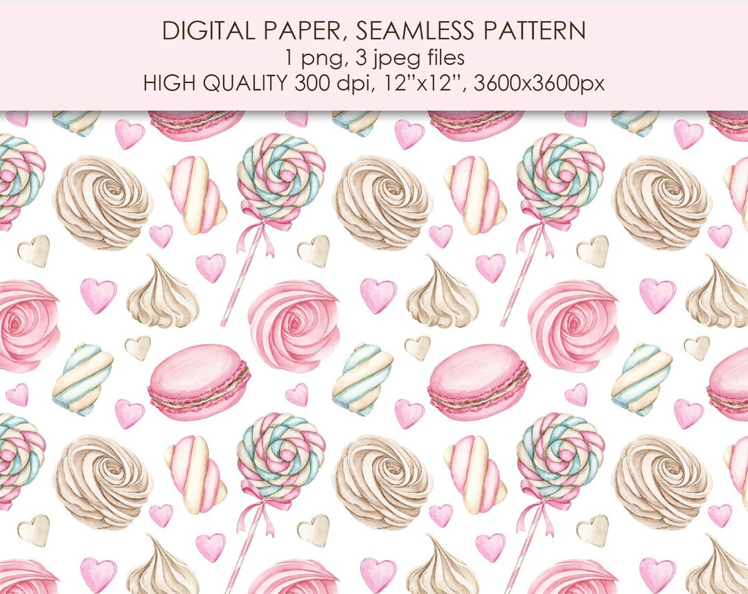 Sweets Pink Watercolor Digital Paper. Marshmallow Candy Seamless ...