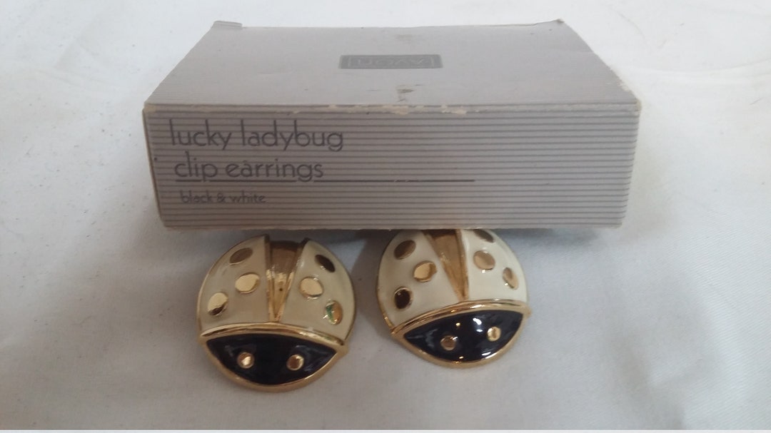 1992 Vintage Avon Lucky Ladybug Clip Earrings in Black and White. RARE ...