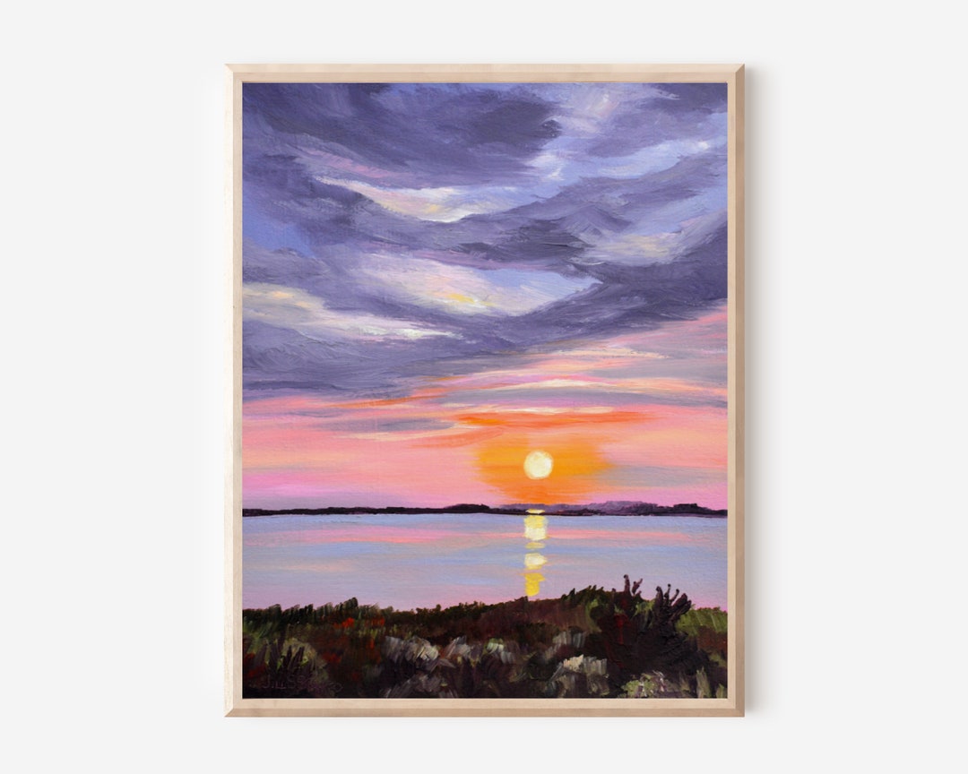Coastal Sunset Painting, Sky Landscape, Beach Sky Art, Bright Sunset ...