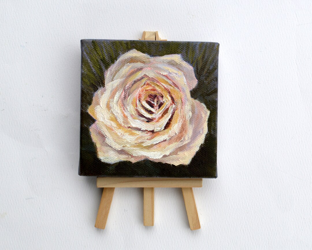 Mini Canvas Flower Painting, Original White Rose Art, Art Gift, Mini ...