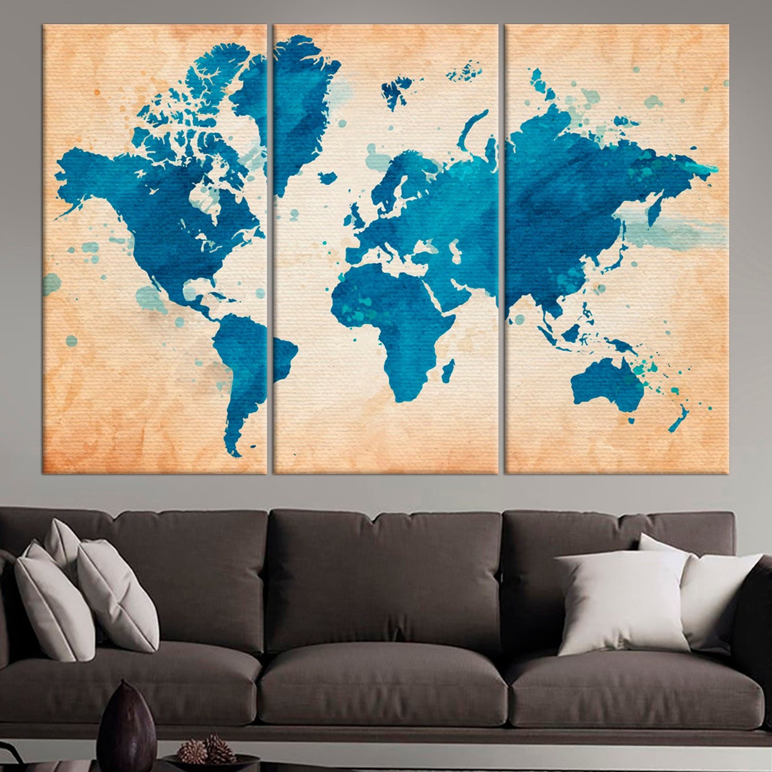 Large World Map canvas print Blue World Map streched wall art | Etsy
