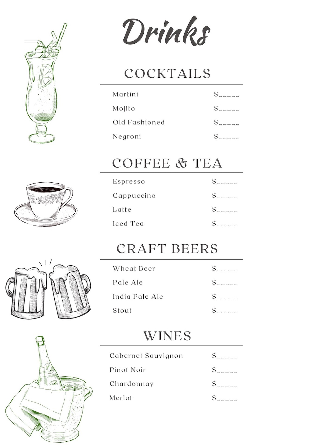 General Bar Drink Menu for Events (with Blank Price) - Etsy