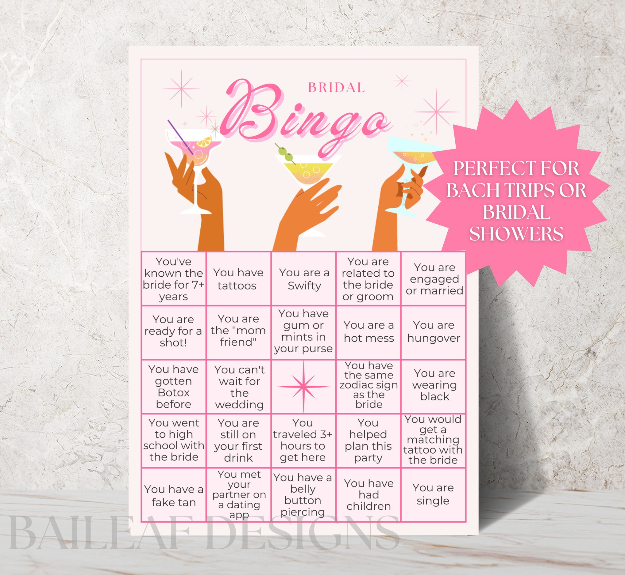Bridal Bingo | Bachelorette Party Bingo | Pink Martini Bride | Premade ...