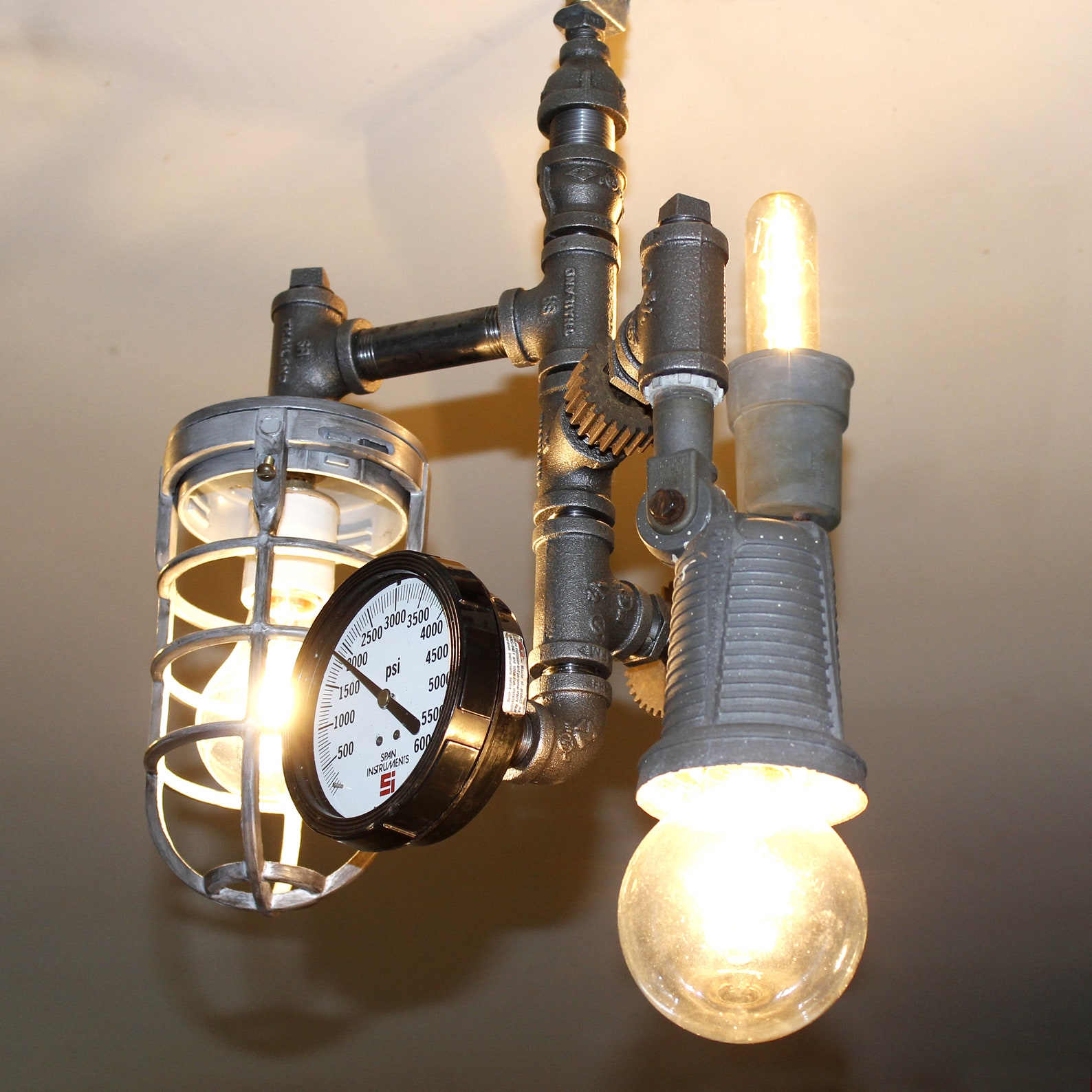 Steampunk Ceiling Light With Gauge, Industrial Cage, and Pipes - Etsy