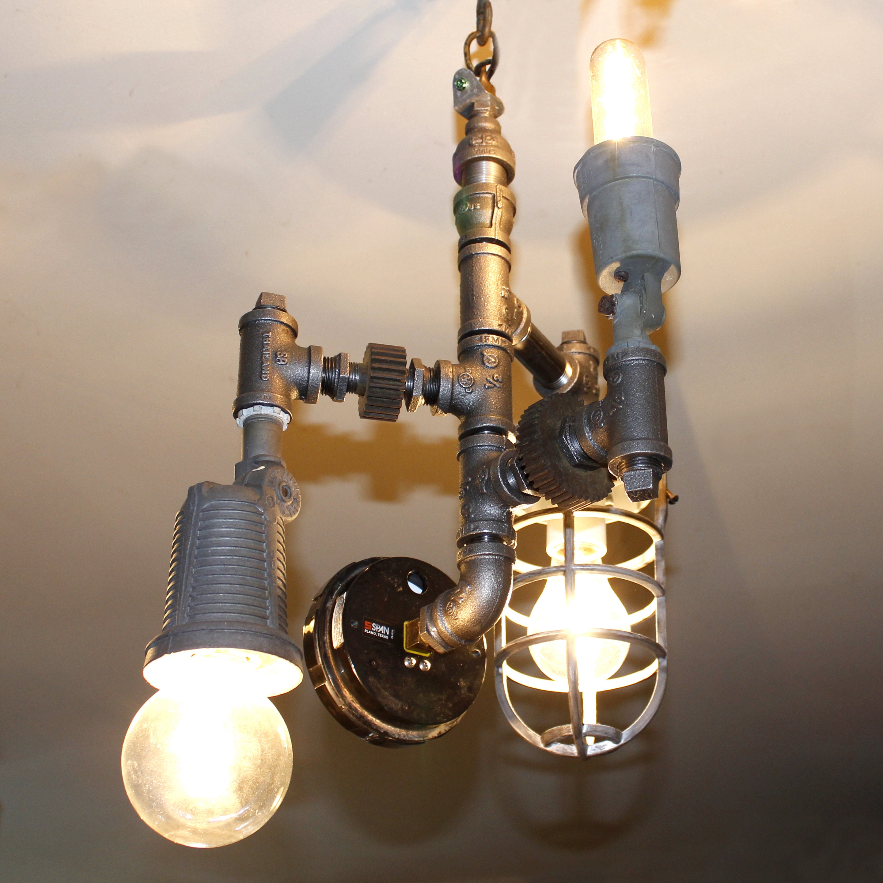 Steampunk Ceiling Light With Gauge, Industrial Cage, and Pipes - Etsy