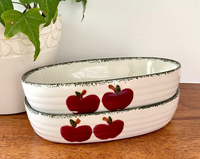 Set of 2 Alco Stoneware Oval Dishes Green Spongeware With Red Apples ...