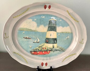 Oxney Hand Painted Green Pottery Lighthouse Large Bowl Nautical ...