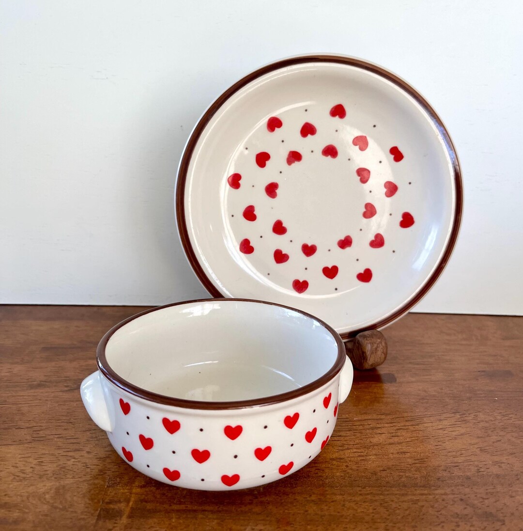 Red Hearts Children Plate and Bowl With Brown Trim, Child Dinnerware ...