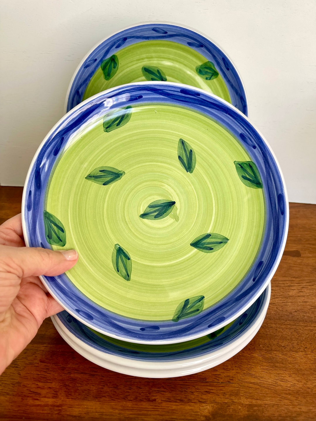 Set of 4 Caleca Salad Plates 8 1/4 Sorrento Pattern Green Leafs Blue ...