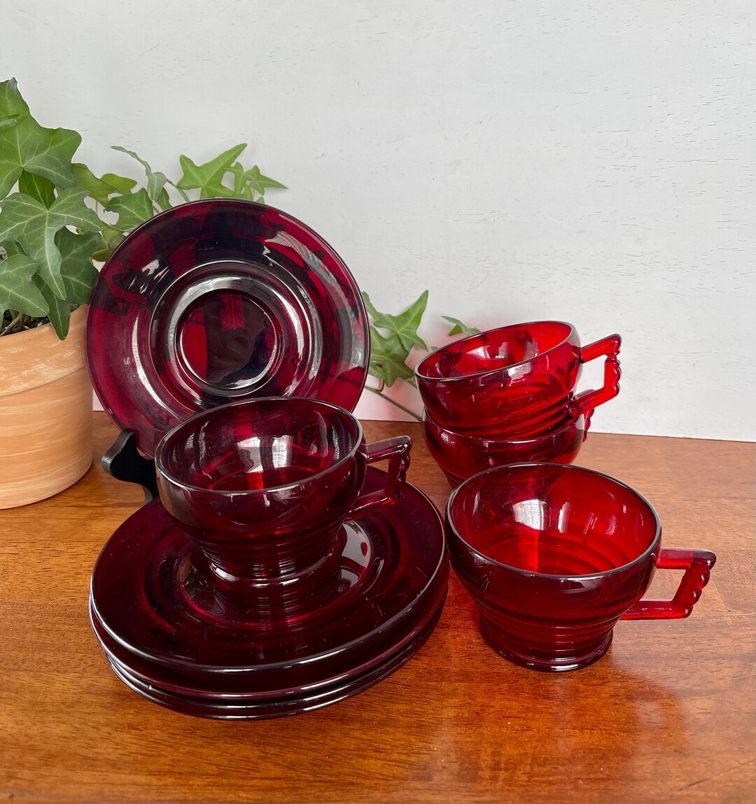 Set of 4 Ruby Red Glass Tea Cups With Saucers Glass Tea Cups - Etsy