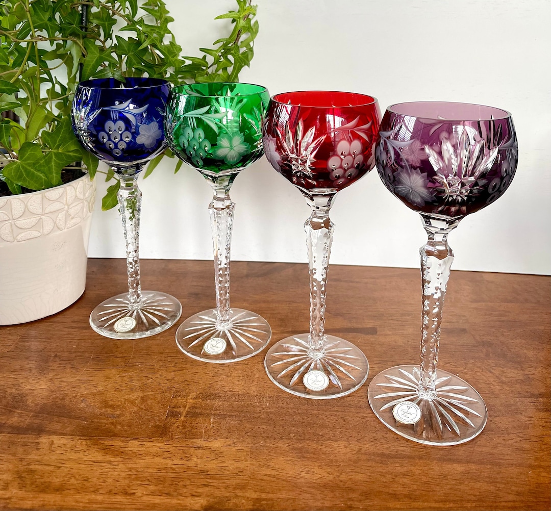 Set of 4 Bohemian Crystal Wine Glasses Color Cut to Clear Made in ...