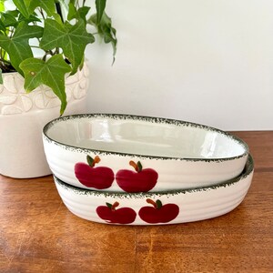 Set of 2 Alco Stoneware Oval Dishes Green Spongeware With Red Apples ...