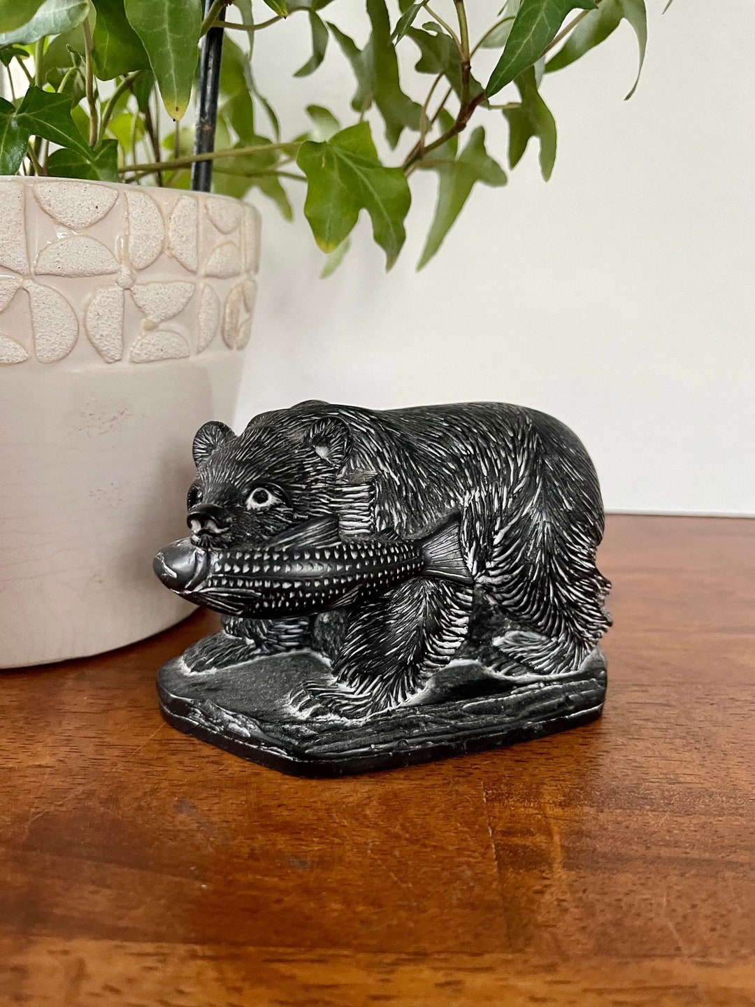 Vintage Vanstone Soapstone Figurine Black Bear With Fish in Mouth ...