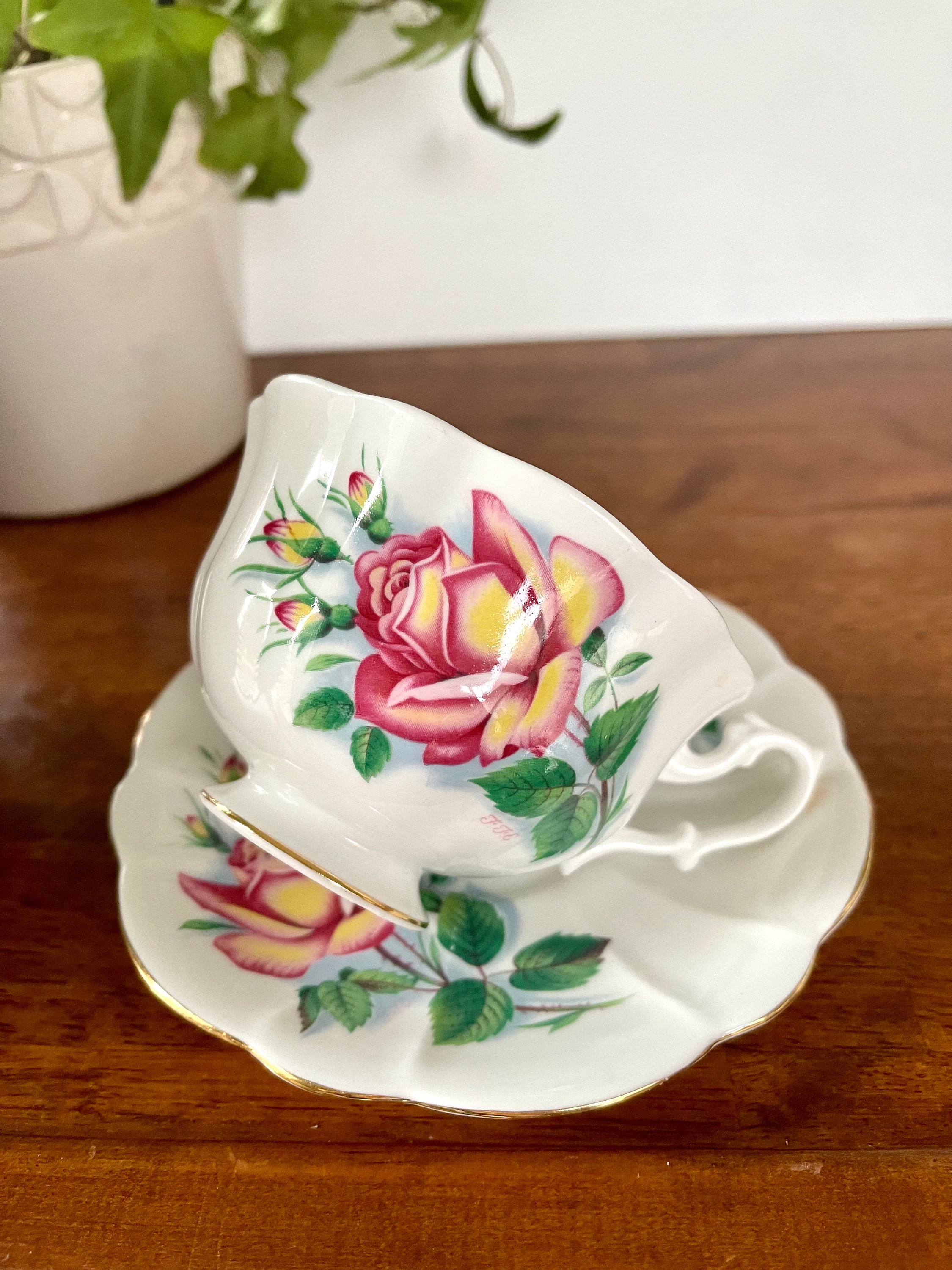 Vintage Shelley Pink Yellow Cabbage Rose Tea Cup & Saucer - Etsy