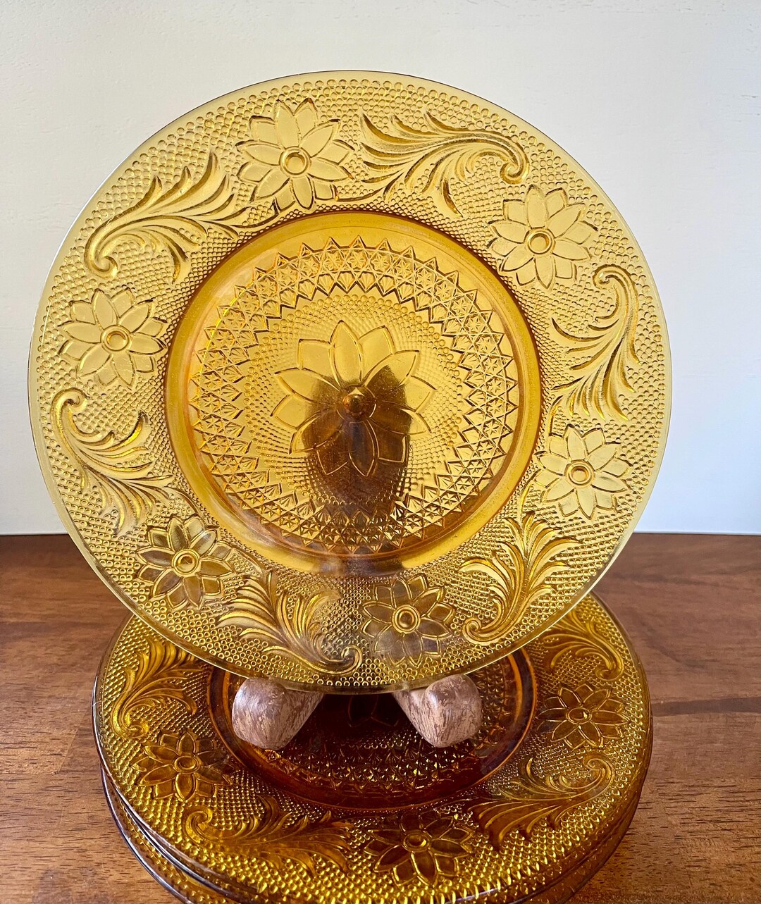 Indiana Tiara Indiana Amber Sandwich Glass 8 1/4” Set of 4 Luncheon ...