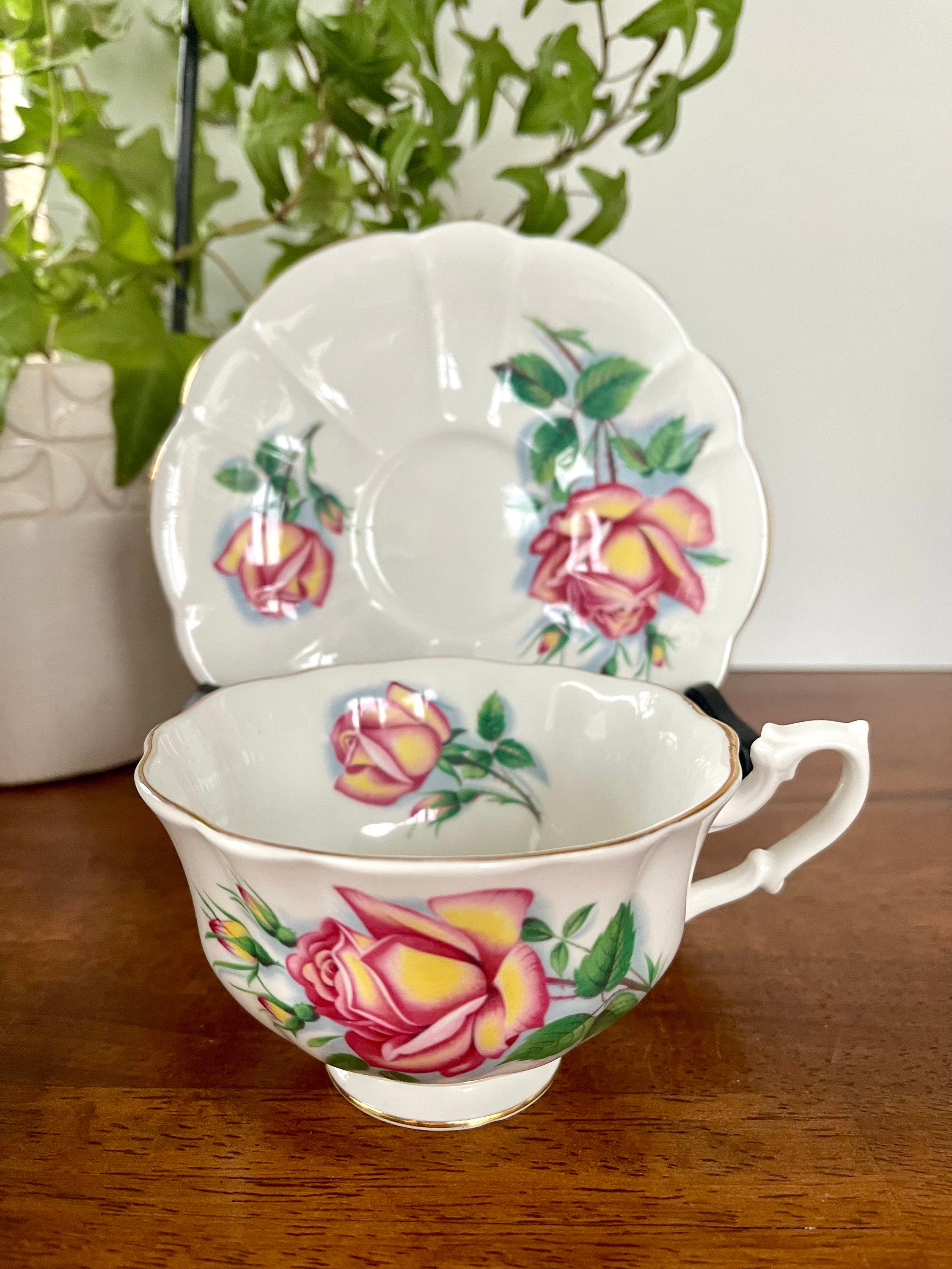 Vintage Shelley Pink Yellow Cabbage Rose Tea Cup & Saucer - Etsy