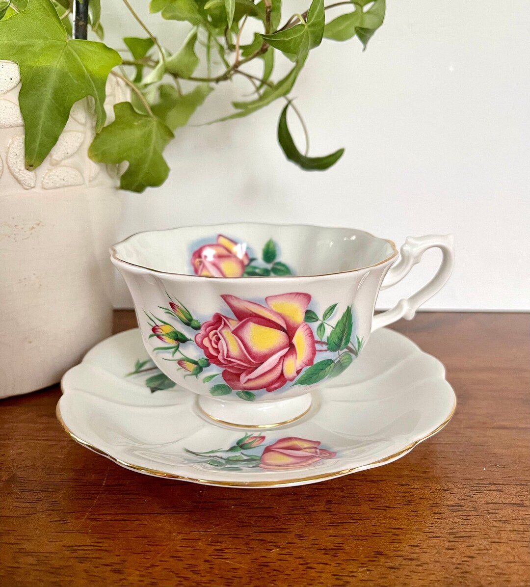 Vintage Shelley Pink Yellow Cabbage Rose Tea Cup & Saucer - Etsy