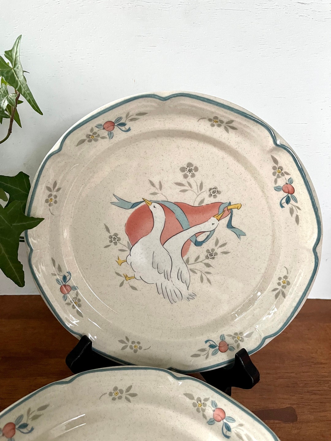 4 Marmalade International Stoneware Salad Plates With Geese and Ribbons ...