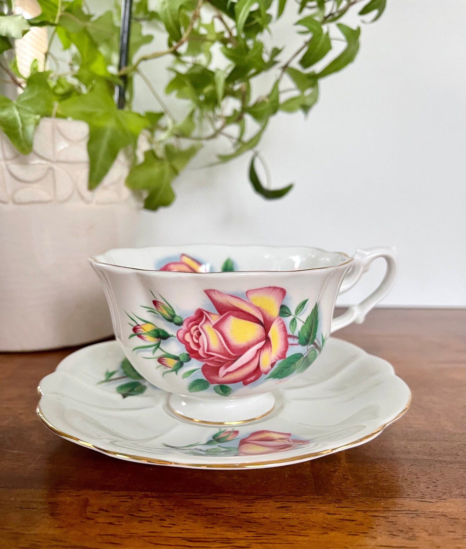 Vintage Shelley Pink Yellow Cabbage Rose Tea Cup & Saucer - Etsy