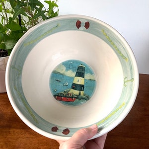 Oxney Hand Painted Green Pottery Lighthouse Large Bowl Nautical ...
