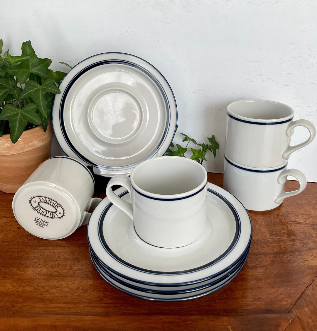 4 Dansk Bistro Blue Stripe Mug and Saucer Sets - Blue Stripe Flat Cup ...