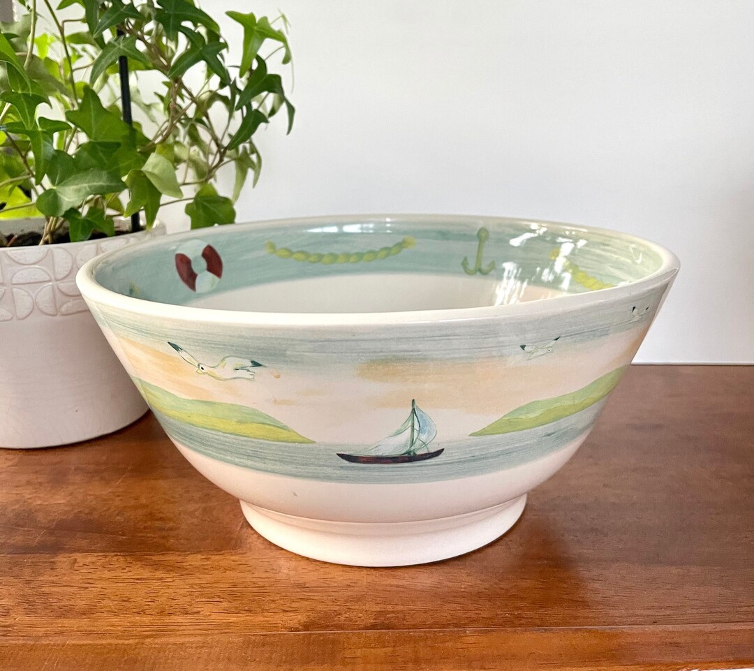 Oxney Hand Painted Green Pottery Lighthouse Large Bowl Nautical ...