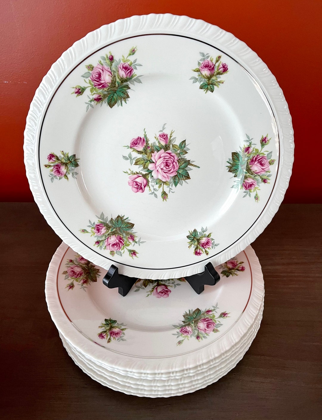 Vintage Hanover China Dinner Plates: Pink Roses, Platinum Trim (set of ...