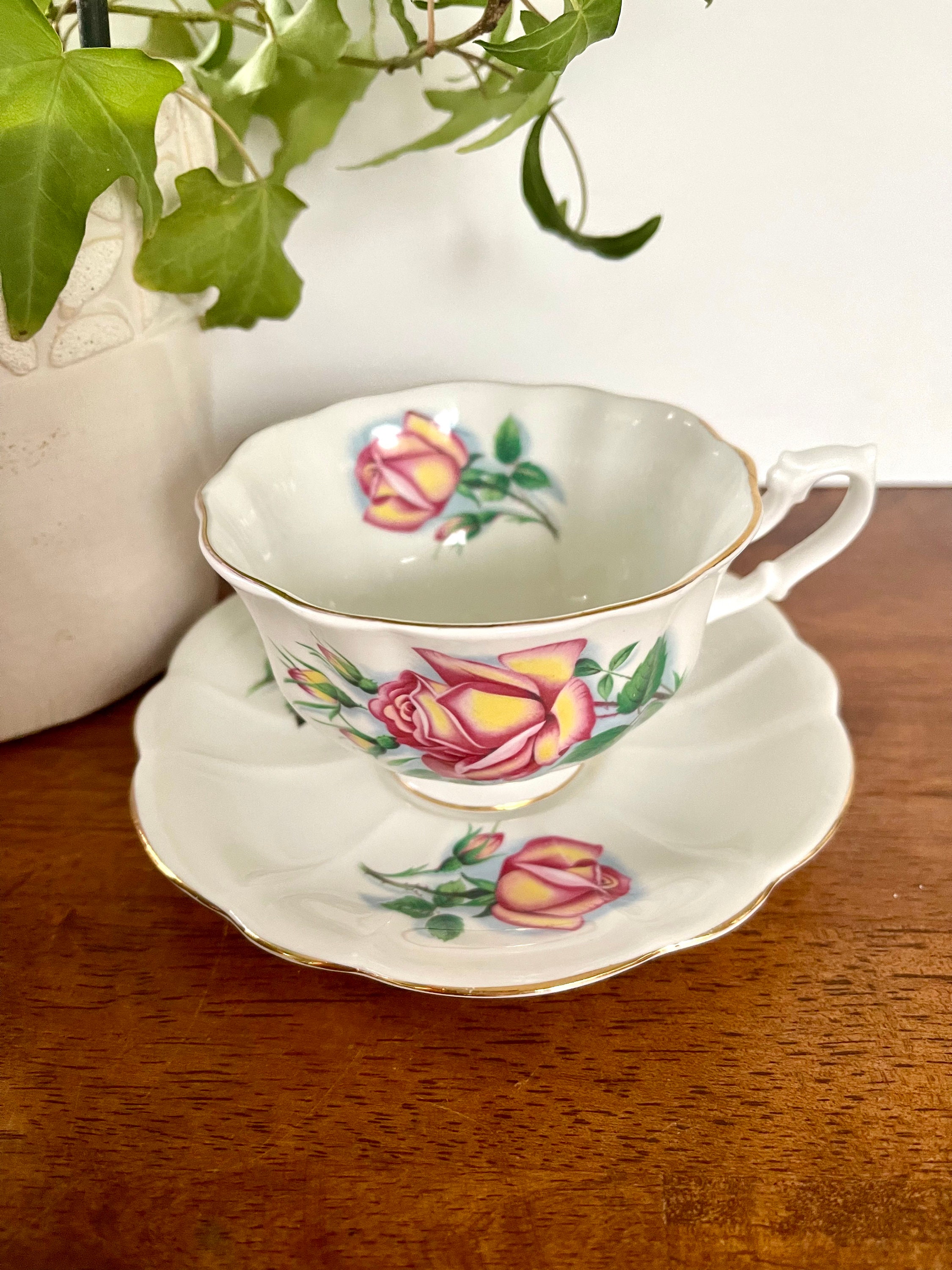 Vintage Shelley Pink Yellow Cabbage Rose Tea Cup & Saucer - Etsy